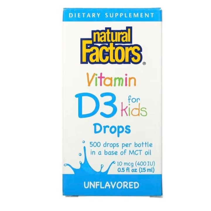 Natural Factors, Vitamin D3 Drops for Kids, Unflavored, 10 mcg 400IU/1,000 IU 0.5 fl oz (15 ml ...