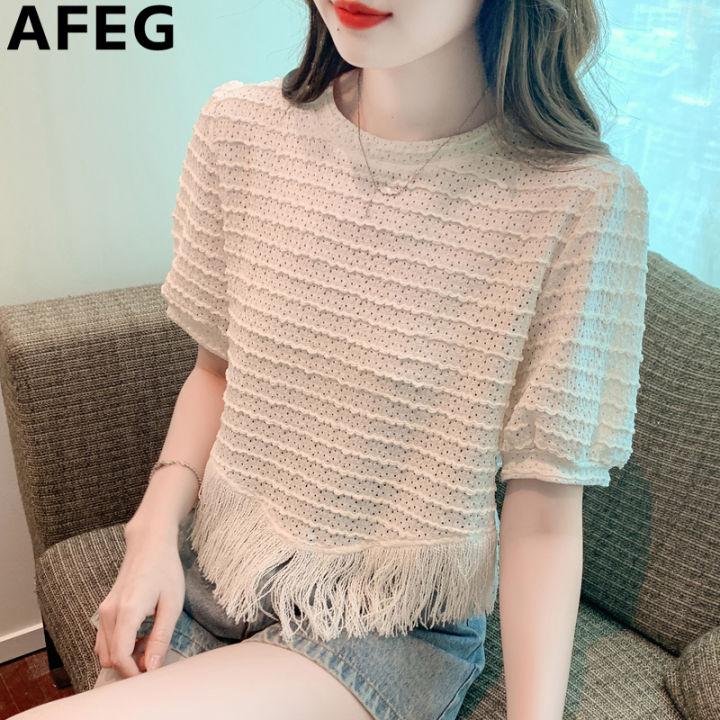 AFEG เสื้อสตรีแขนสั้นมีพู่เป็นรูสำหรับแขนสั้นคอกลมฉบับภาษาเกาหลีสีทึบ ...