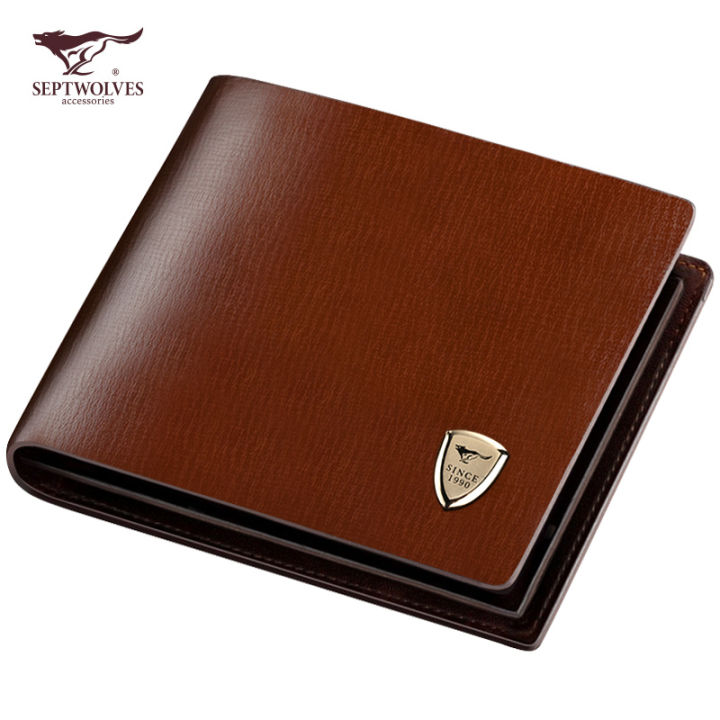 Seven wolves wallet men's short leather young cowhide Korean business ...