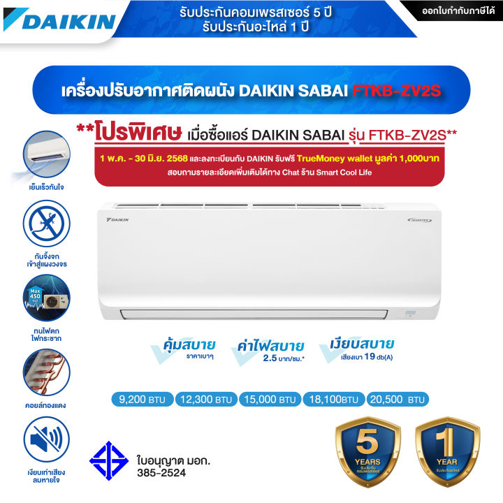 แอร์ไดกิ้น ใหม่ ปี 2025 Daikin Max Inverter รุ่น Sabai Series (FTKB-Z) 9,200 - 20,500 BTU - รับ ...