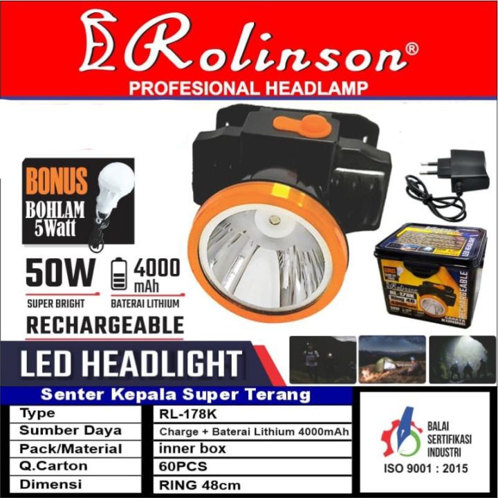 ROLINSON Senter Kepala 50 Watt Super Terang FREE Bohlam LED Emergency ...