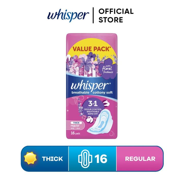 Whisper Cottony Soft Sanitary Napkin with Wings (16 pads) [Regular Flow ...