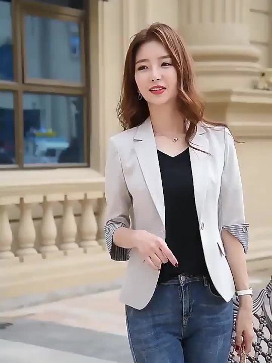 เสื้อสูทผ้าลินินผู้หญิง 2024 ใหม่สไตล์เกาหลีสำหรับคนตัวเล็กแขนสามส่วนบางสวมใส่มืออาชีพชุดแฟชั่น ...