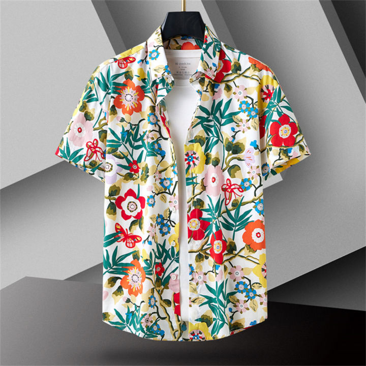 Mga Sikat na Men's Shirts Floral Pattern Tops Oversized Short-Sleeved ...