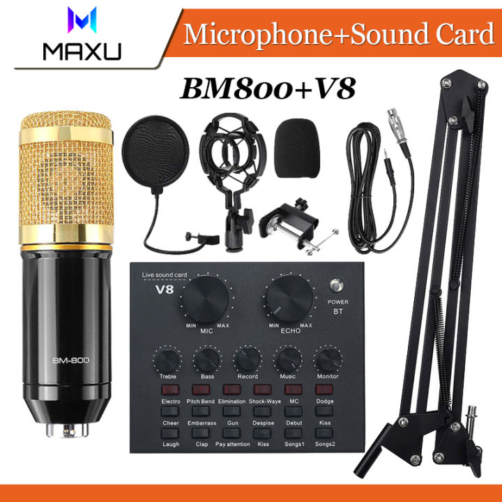 BM-800 Microphone with V8 Sound Card Set Karaoke Recording Live Broadcast Sound Card Mixer for ...