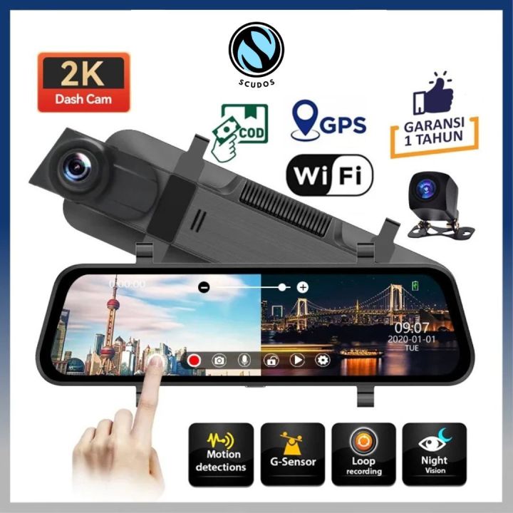 SCUDOS Dashcam Mobil 2K HD 10 Inch Layar Sentuh IPS Night Vision Dual ...