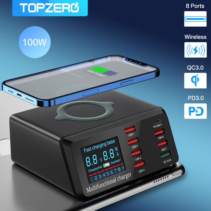 TOPZERO 100W 8 Ports USB Charger Quick Charge 3.0 Adapter HUB Wireless ...