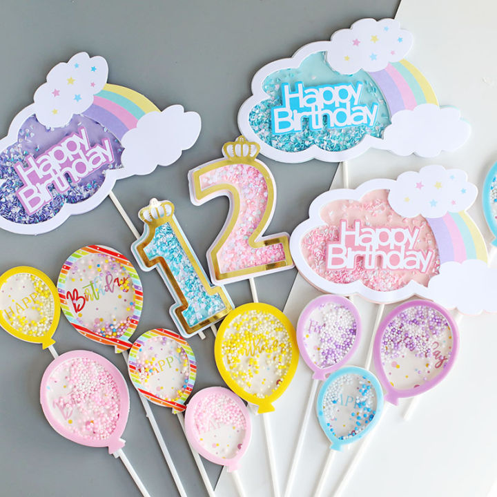 Blue Pink 1 2 3 4 Cake Topper Glitter Rainbow Cupcake Toppers Happy ...