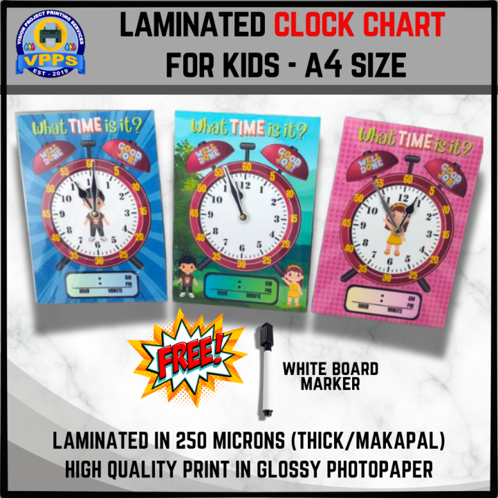 Laminated Clock Chart A4 size for kids, Reusable Kids Learning Clock w ...