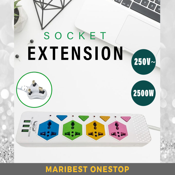 Lh 164u Multi Function Extension Power Socket With 3 Usb Charging Port Random Colour Lazada