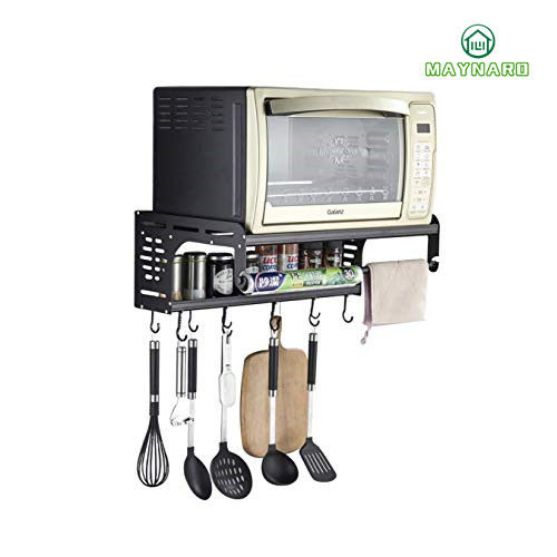 Multifunctional Double Bracket Aluminum Microwave Oven Wall Mount Shelf With 10 Removable Hooks