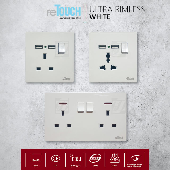 Retouch Ultra Rimless Switches Socket 13A Flat USB, Multiple USB, 2G ...
