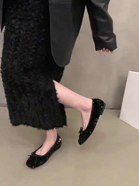 Su Ding แบนอารมณ์สีเงินเลื่อมรองเท้าเดียวรองเท้านางฟ้า 2024 ใหม่ฤดู ...