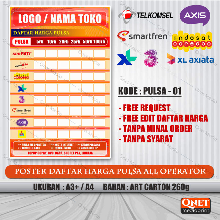 POSTER KONTER DAFTAR HARGA PULSA ALL OPERATOR | Lazada Indonesia