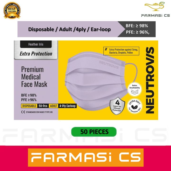 Neutrovis 4 PLY Ear Loop Premium Medical Face Mask ( Feather Iris ) 50 ...