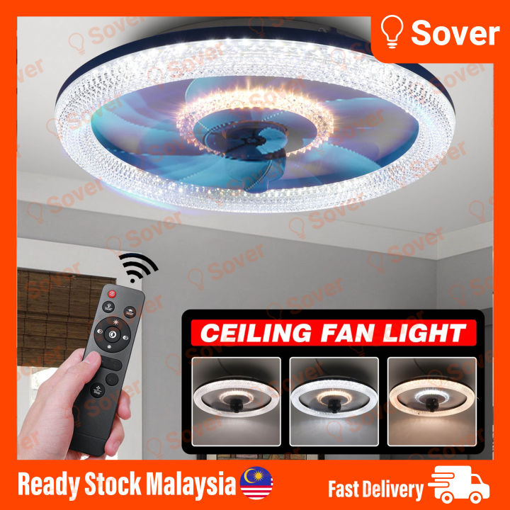 Latest DC Ceiling FAN 4 SPEED & Diamond Ceiling Light 3 Color LED 500mm ...