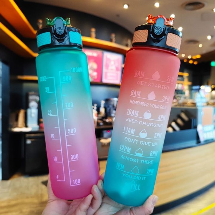 1L Motivational Water Bottle with Time Marker Straw-BPA Free Locking Flip-Flop Lid Free Sticker ...