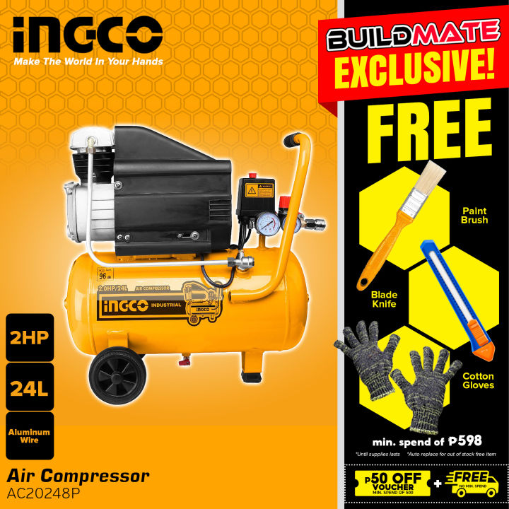 INGCO INDUSTRIAL Tank Air Compressor 2HP 24L / 50L Oil System AC20248P ...