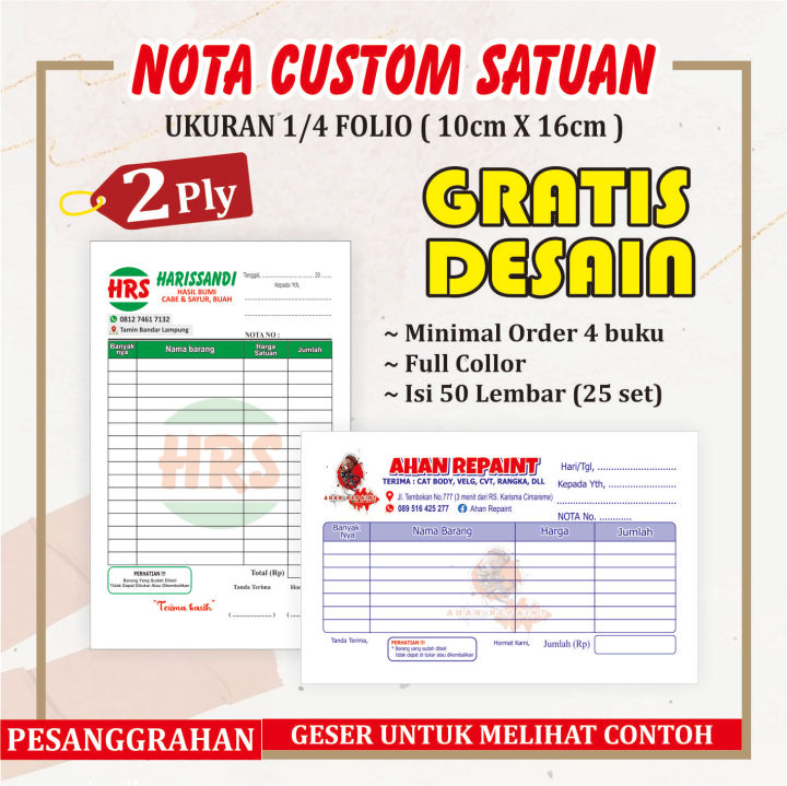 Cetak nota custom 2 ply Ukuran standar isi 25 set, Nota Laundry, Nota ...