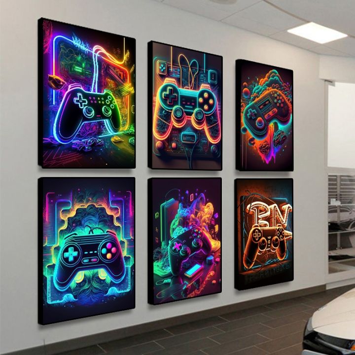 Neon Game Console Hand Controller Poster And Print Colorful Canvas ...