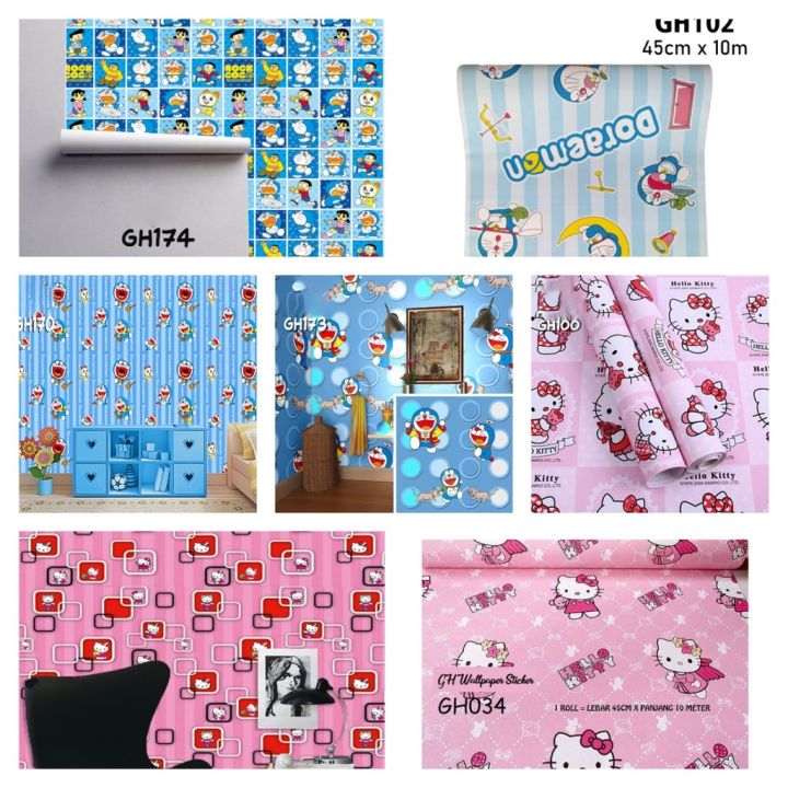 Wallpaper Stiker Dinding 3D Motif Doraemon Dan Hello Kitty Bahan PVC Mudah DiPasang | Lazada ...