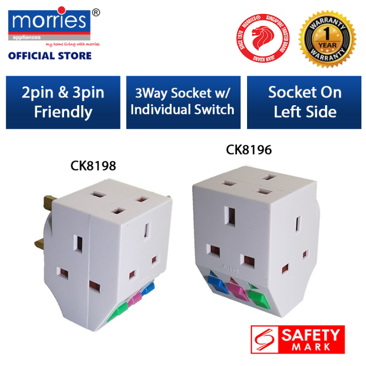 Morries CK 3Way Adapter W/Switch/ Wall Socket Plug Extension/ 2 Pin and ...