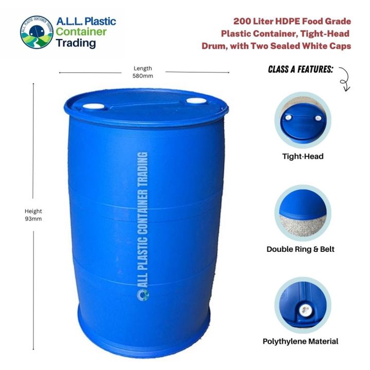 NEW ☈ 200 Liter Double Ring Blue Plastic Container Drum, Tight-Head ...