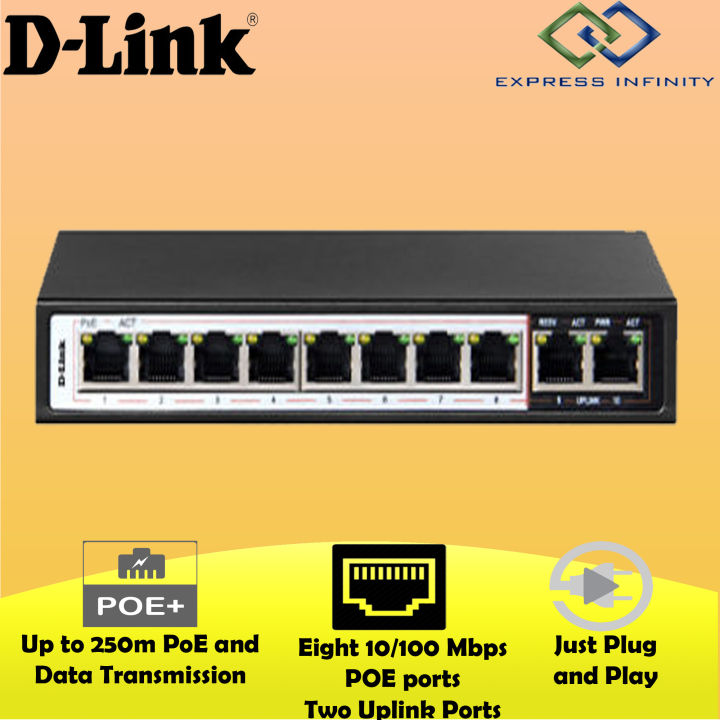 D-Link POE Switch DES-F1010P-E 250M 10-Port Fast Ethernet Switch with 8 ...