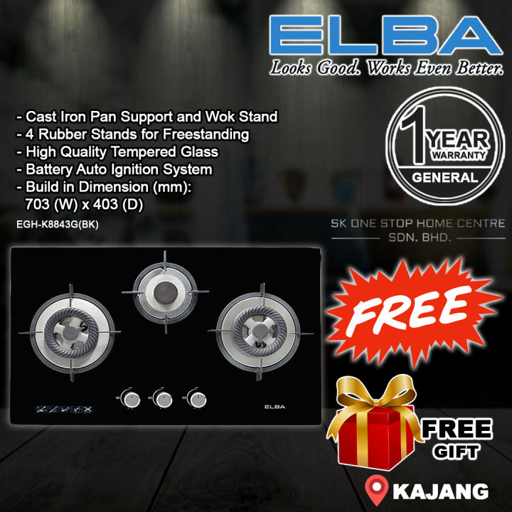 (AUTHORISED DEALER) ELBA 3 Burners 5.0kW Built In Hob / Gas Stoves / Glass Stove (BLACK) EGH ...