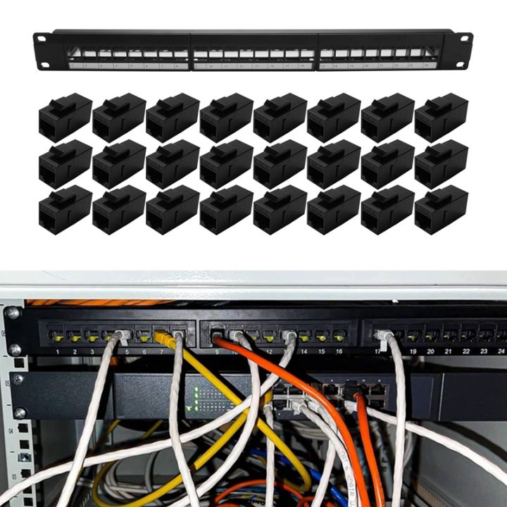 (FRZE) 19Inch 1U Cabinet Rack Pass-Through 24 Port CAT6 Patch Panel ...