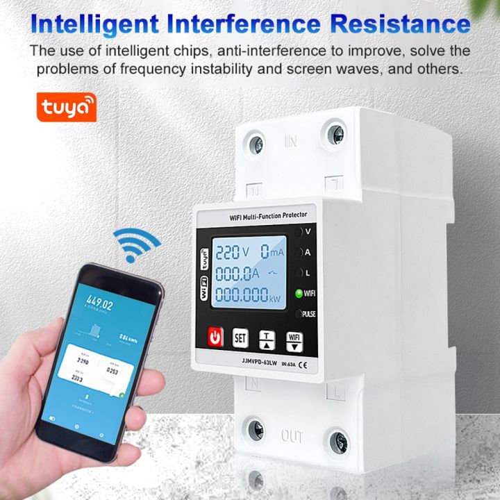 63A TUYA WiFi Smart Earth Leakage Over Under Voltage Protector Relay ...