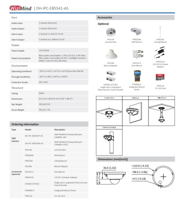 Dahua กล้องวงจรปิด 5MP WizMind Fisheye Network CAMERA รุ่น DH-IPC ...