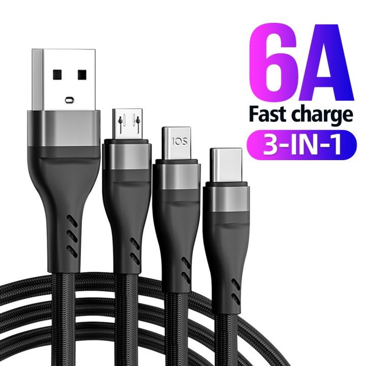 6A Fast Charging Data Cable Wire 3 In 1 Braided Durable Android Micro ...
