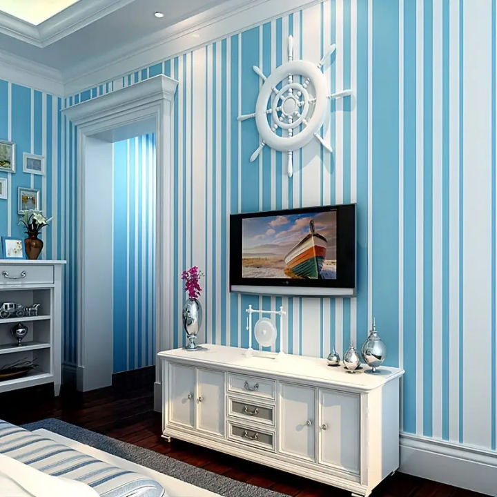 OYA wallpaper light blue stipes design self-adhesive DIY wall sticker ...