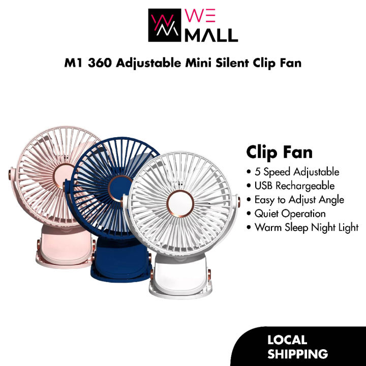M1 360 Adjustable Mini Silent Clip Fan 5 Speed USB Rechargeable Desktop ...