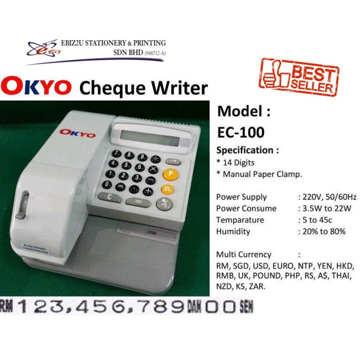 Okyo Electronic Check Writer (EC-100) cheque printing machine, cheque ...