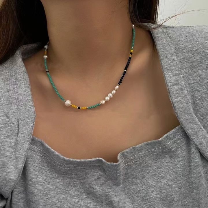 LUGU Colorful Stone Beaded Necklace for Women Pearl Crystal Korean ...