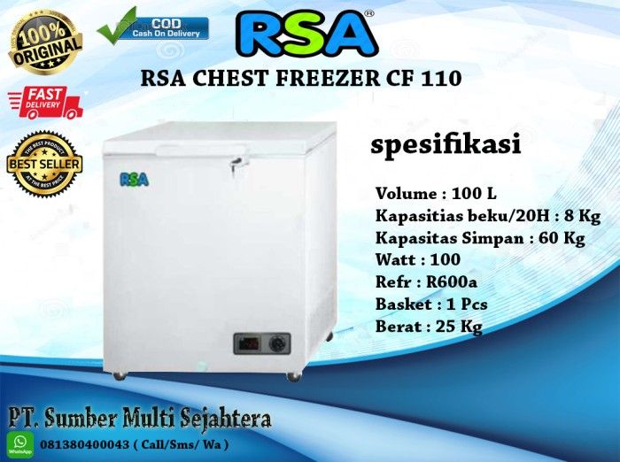 Chest freezer rsa cf 110 100 liter | Lazada Indonesia