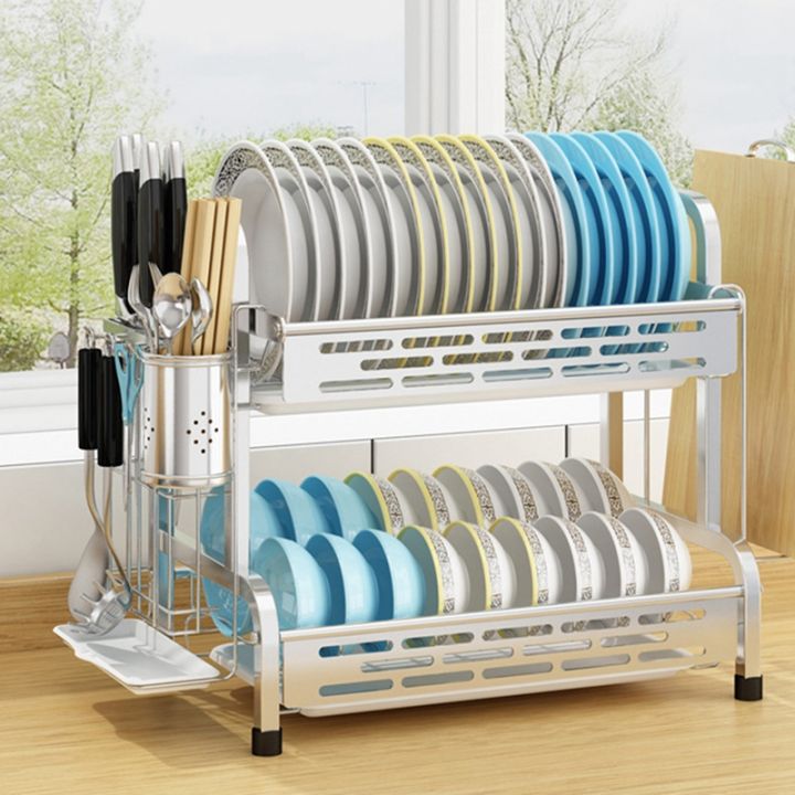 2 Tier Draining Board Rack with Drip Tray Stainless Dish Drying Rack ...