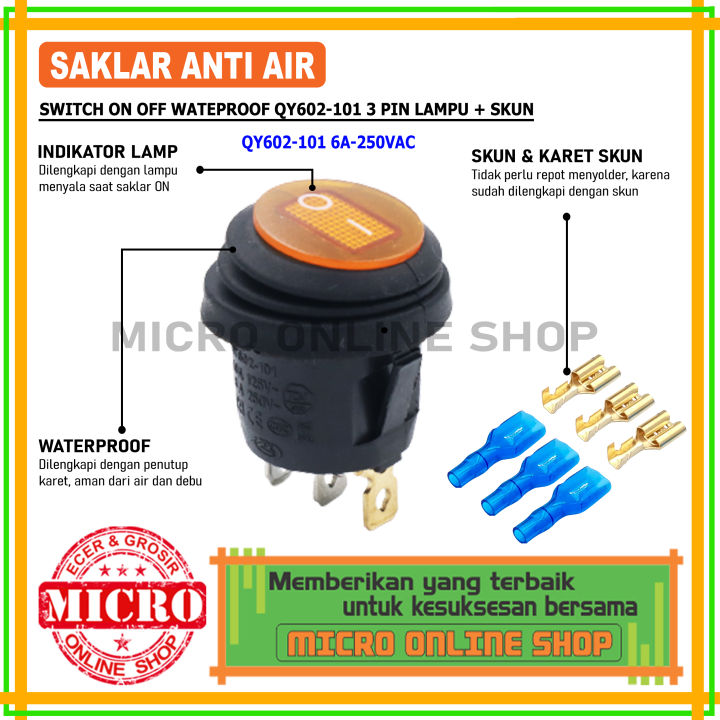 Saklar On-Off Lampu 3 Kaki Bulat Anti Air Kuning + Skun / Switch On-Off ...