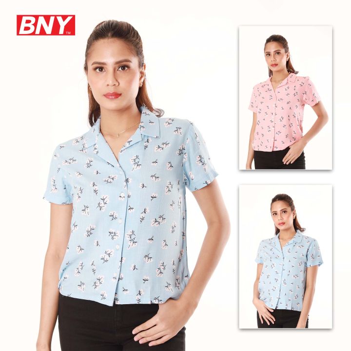 BNY LADIES' FLORAL SHORT-SLEEVE LAPEL COLLAR FULL-BUTTON RAYON SHIRT ...