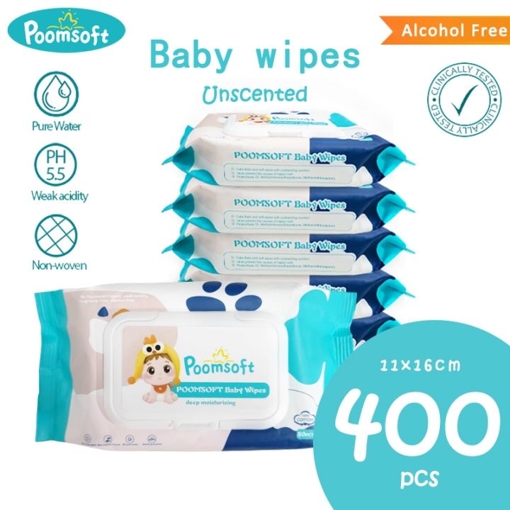 Poomsoft 5 Packs x 80 Sheet Non-Alcohol Unscented Safe For Baby Gentle Wipes Wet Tissue ...