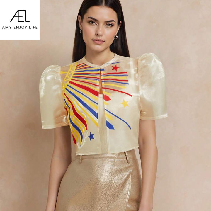 Amyenjoylife Modern Filipiniana Summer Fashion Stand Collar Graphic ...
