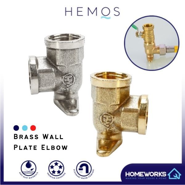 HEMOS 1/2" BRASS CHROME WALL PLATE ELBOW WITH BRACKET PIPE CONNECTOR (FF) | Lazada