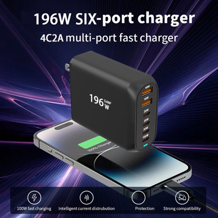 196W USB C Charger PD 100W Fast Charging Power Adapter 6 Ports for Pro ...