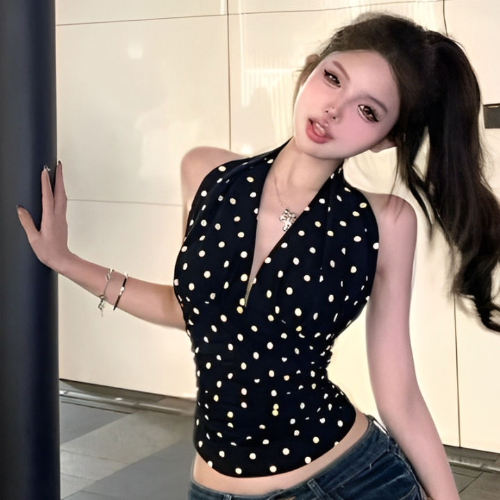 BUJIG เสื้อชั้นในสายเดี่ยวคล้องคอสีดำลายจุดสีดำสำหรับผู้หญิงเสื้อทรงฝัก ...