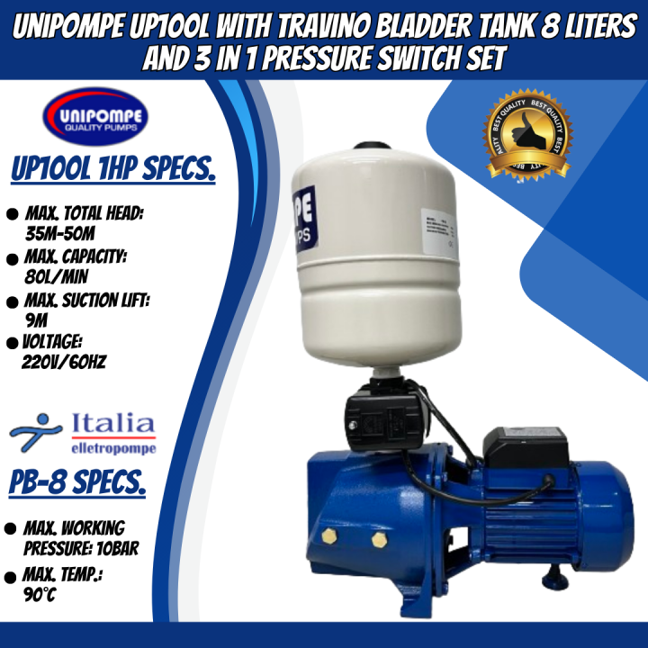 Unipompe UP100L with Travino Bladder Tank 8 liters and 3 in 1 Pressure ...