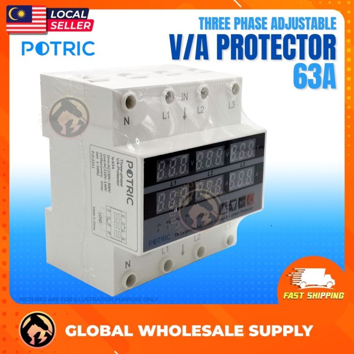 POTRIC Three Phase Adjustable V/A Protector 13.9kW AC Power Load 63A ...