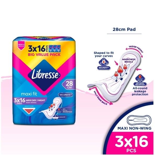 LIBRESSE Maxi Day Night Non Wings Maxi Fit 28cm 3x16S Disposable Sanitary Pad | Lazada