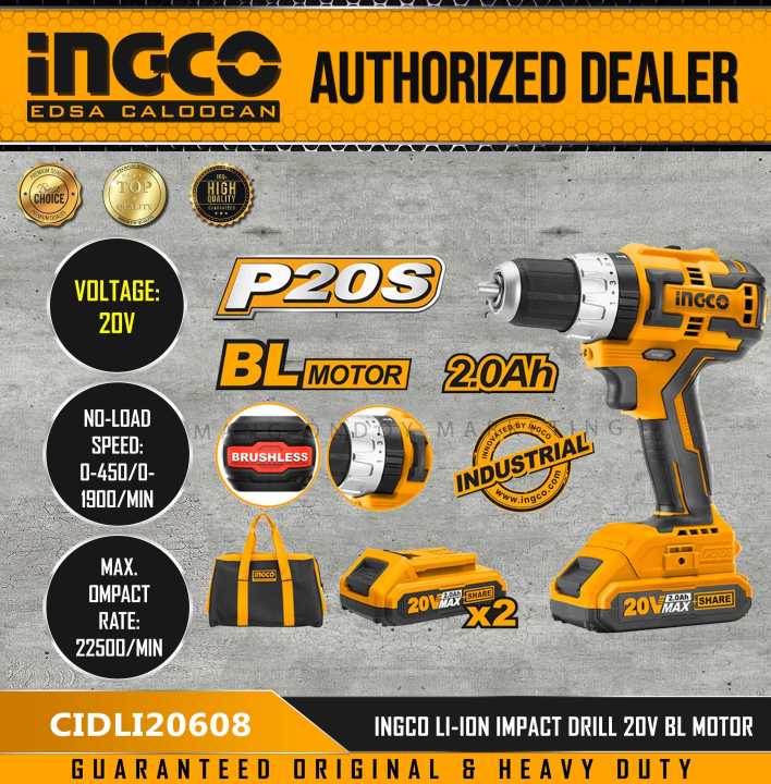 INGCO LI-ION IMPACT DRILL 20V BL MOTOR "(CIDLI20608) | Lazada PH